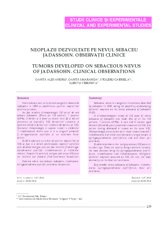 (PDF) NEOPLAZII DEZVOLTATE PE NEVUL SEBACEU JADASSOHN. OBSERVAÞII ...