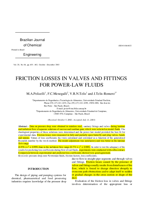 (PDF) Engineering FRICTION LOSSES IN VALVES AND FITTINGS FOR POWER-LAW ...