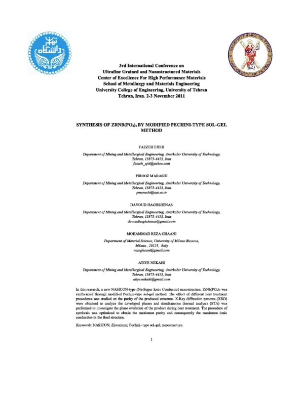 (PDF) Synthesis of ZrNb(PO4)3 by modified Pechini type sol-gel method