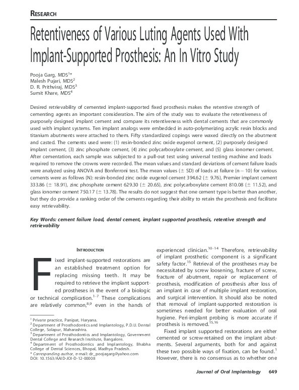 (PDF) Retentiveness of Various Luting Agents Used With Implant ...