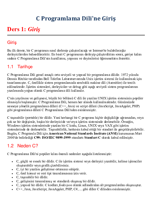 (PDF) C Programlama Dili'ne Giriş Ders 1: Giriş