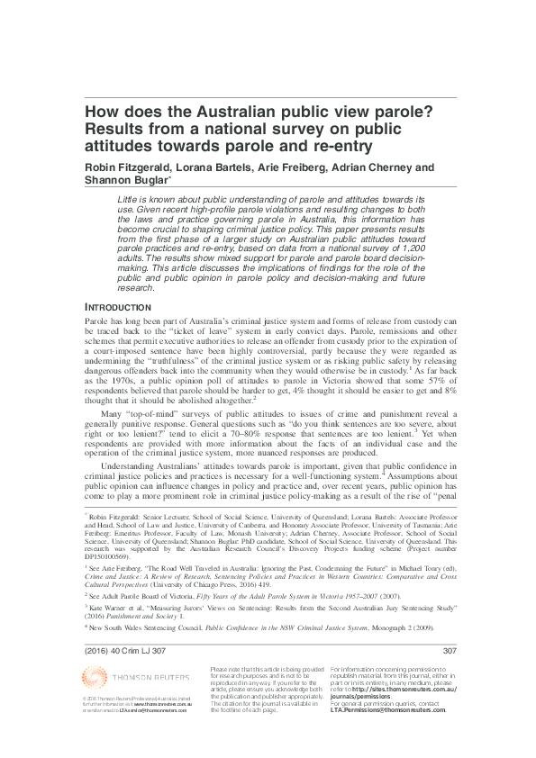 (PDF) How does the Australian public view parole? Results from a ...