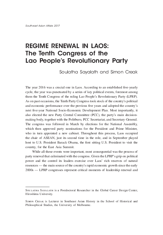 (PDF) Regime Renewal in Laos: The Tenth Congress of the Lao People’s ...