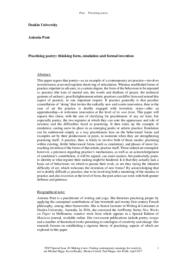 (PDF) Practising poetry: thinking form, emulation and formal invention