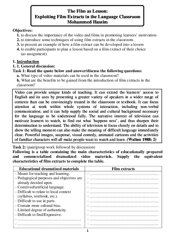 (PDF) The Film as Lesson: Exploiting Film Extracts in the Language ...