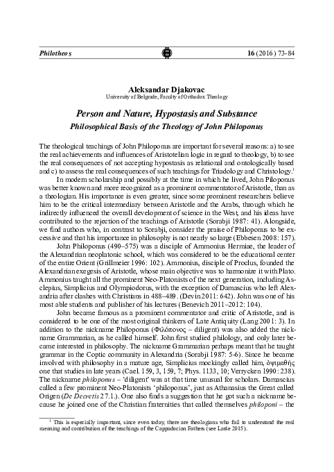 (PDF) Person and Nature, Hypostasis and Substance: Philosophical Basis ...
