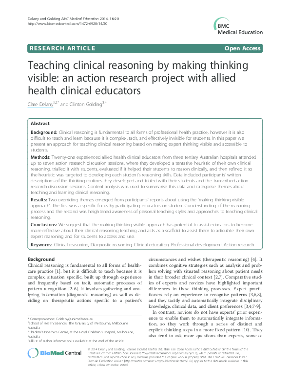 (PDF) Teaching clinical reasoning by making thinking visible: an action ...