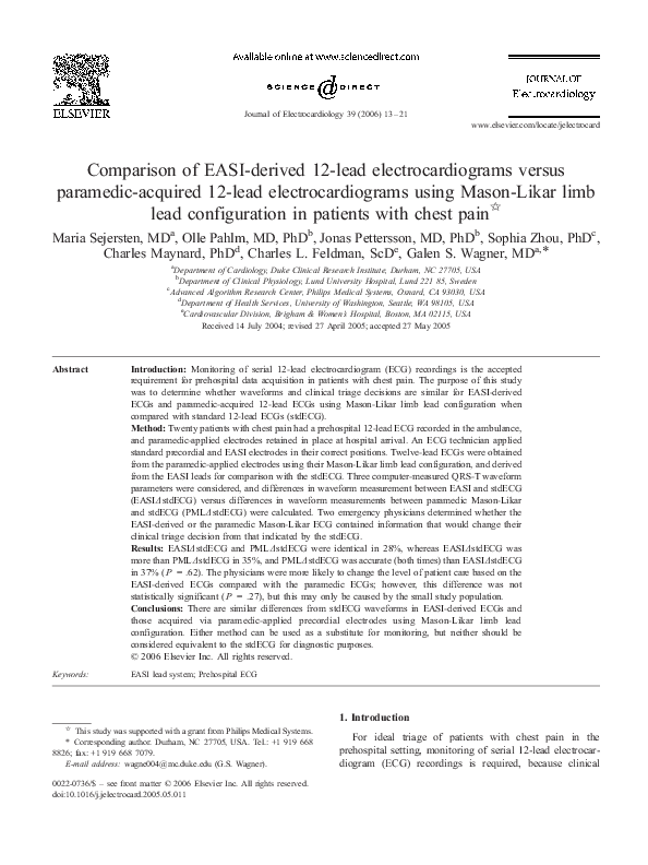 (PDF) Comparison of EASI-derived 12-lead electrocardiograms versus ...