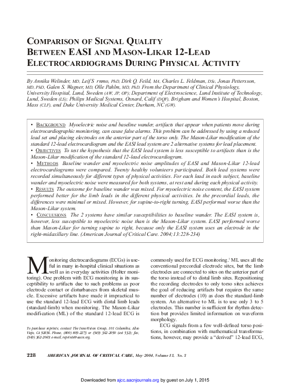 (PDF) Comparison of signal quality between EASI and Mason-Likar 12-lead ...