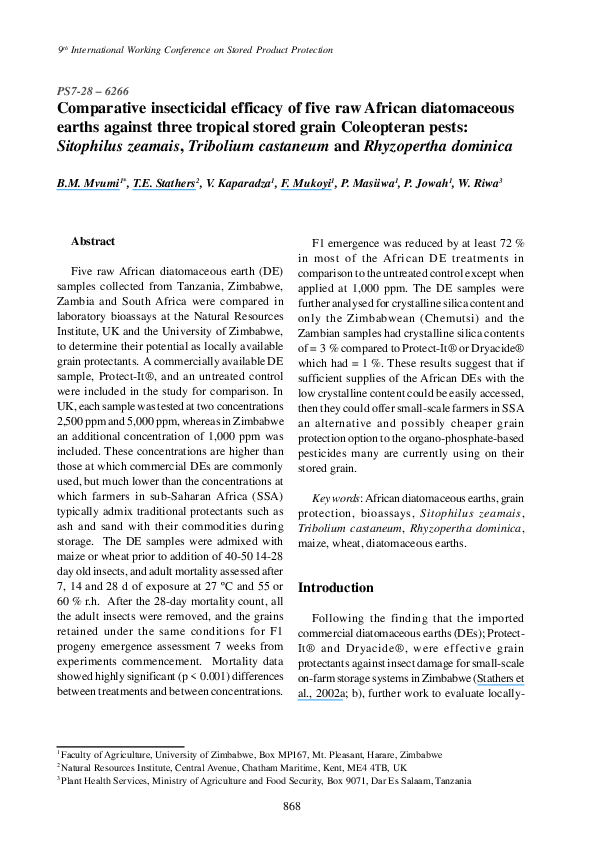 (PDF) Comparative insecticidal efficacy of five raw African diatomaceous earths against three ...