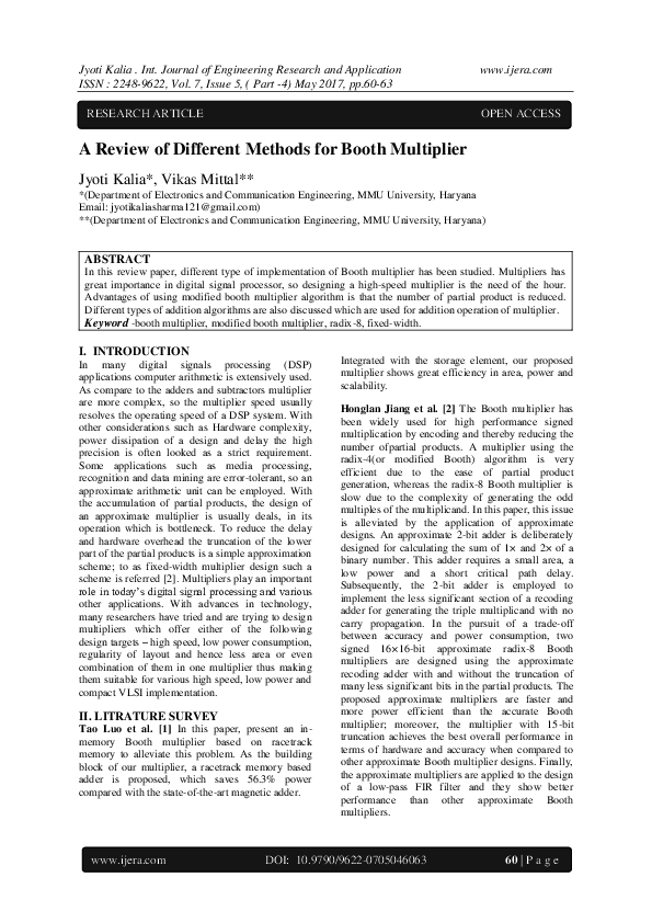 (PDF) A Review of Different Methods for Booth Multiplier