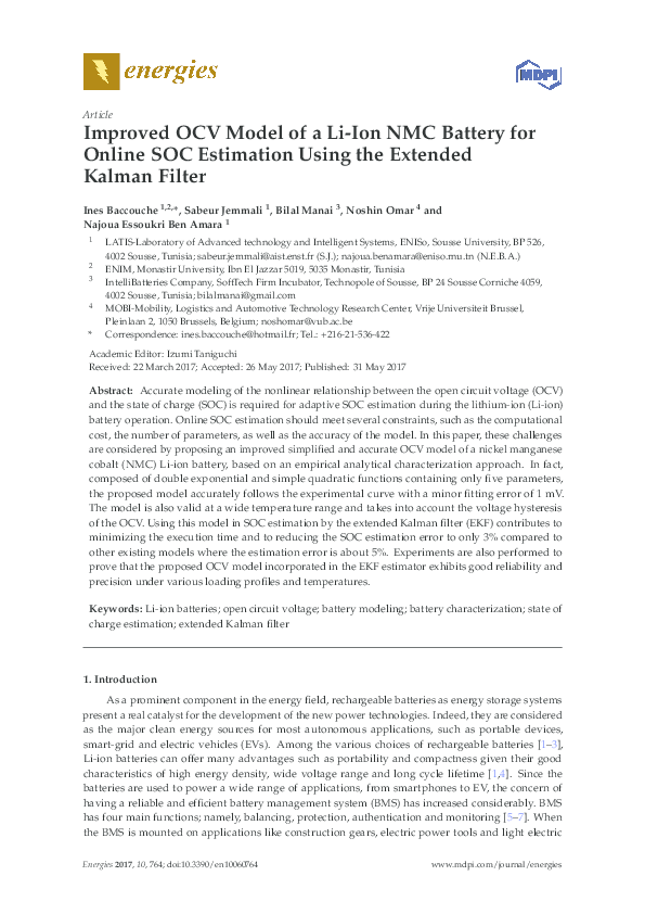 Pdf Improved Ocv Model Of A Li Ion Nmc Battery For Online Soc Estimation Using The Extended