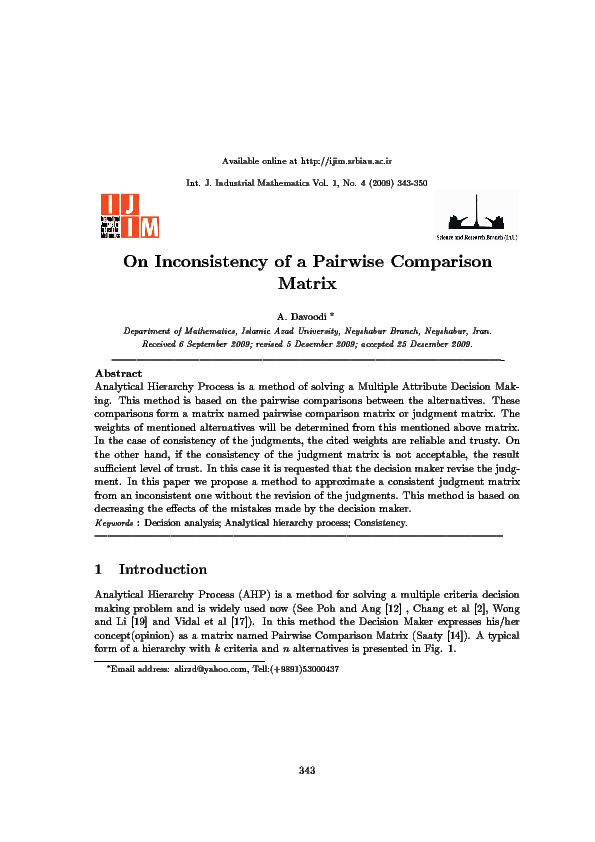 (PDF) On Inconsistency of a Pairwise Comparison Matrix