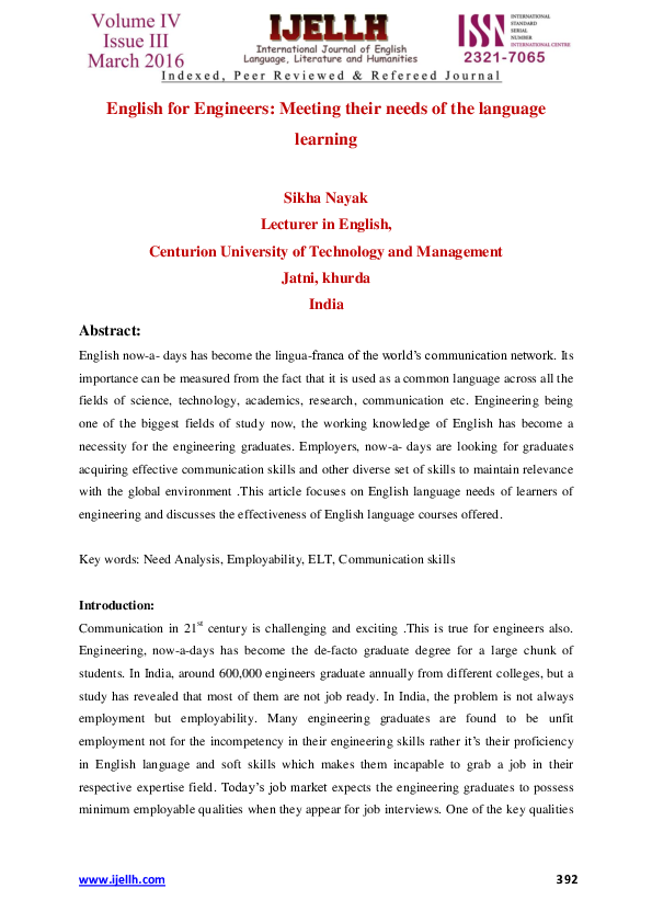 (PDF) English for Engineers: Meeting their needs of the language learning