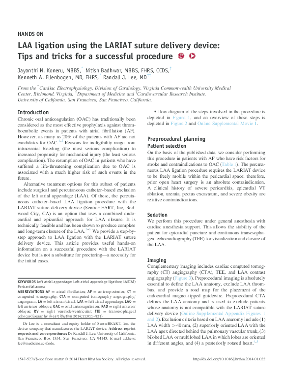 (PDF) LAA ligation using the LARIAT suture delivery device: Tips and ...