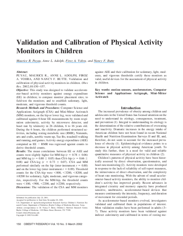 (PDF) Validation and Calibration of Physical Activity Monitors in Children