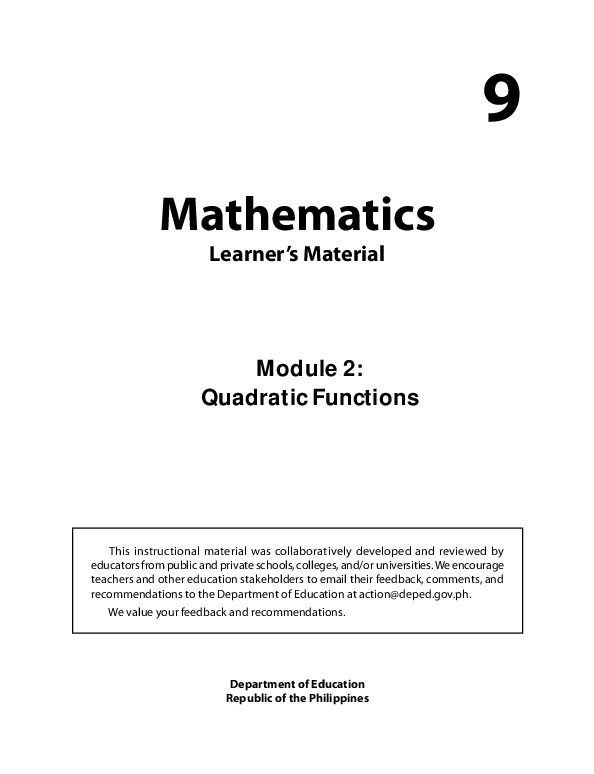 Pdf Mathematics Learners Material Module 2 Quadratic Functions
