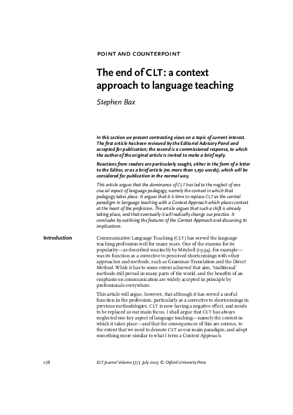 (PDF) The end of CLT: A context approach to language teaching