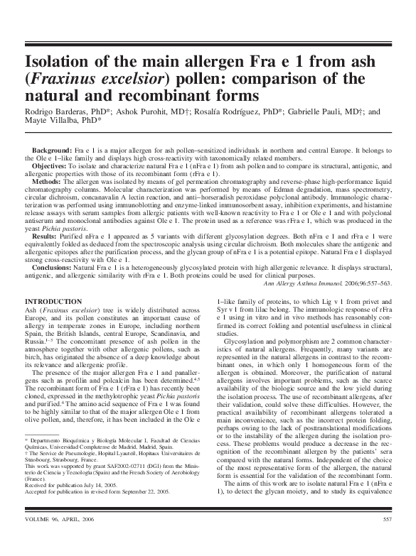 (PDF) Isolation of the main allergen Fra e 1 from ash (Fraxinus ...