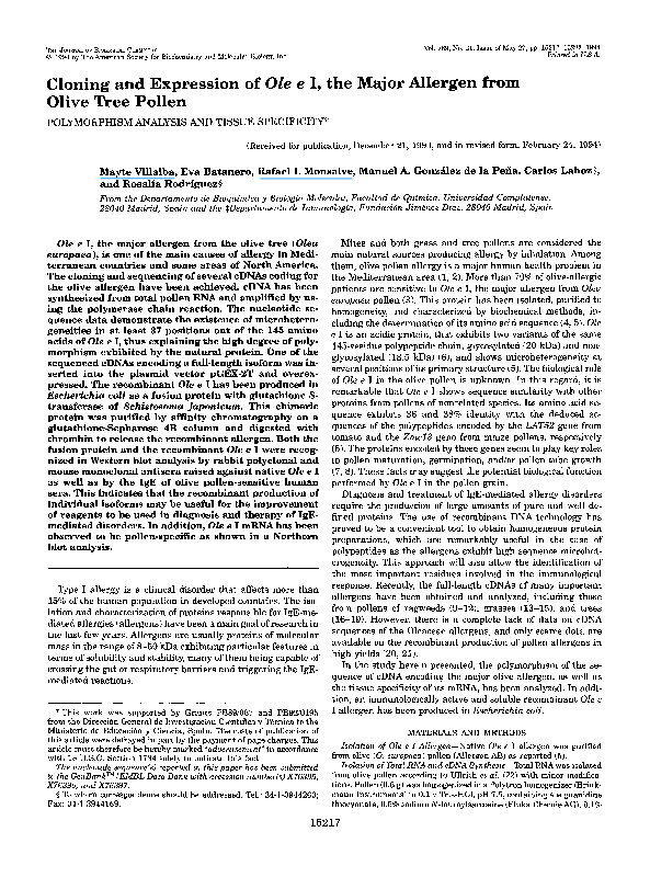 (PDF) Cloning and expression of Ole e I, the major allergen from olive ...