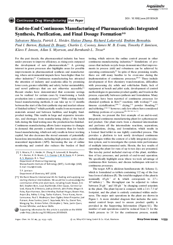 (PDF) End-to-End Continuous Manufacturing of Pharmaceuticals ...