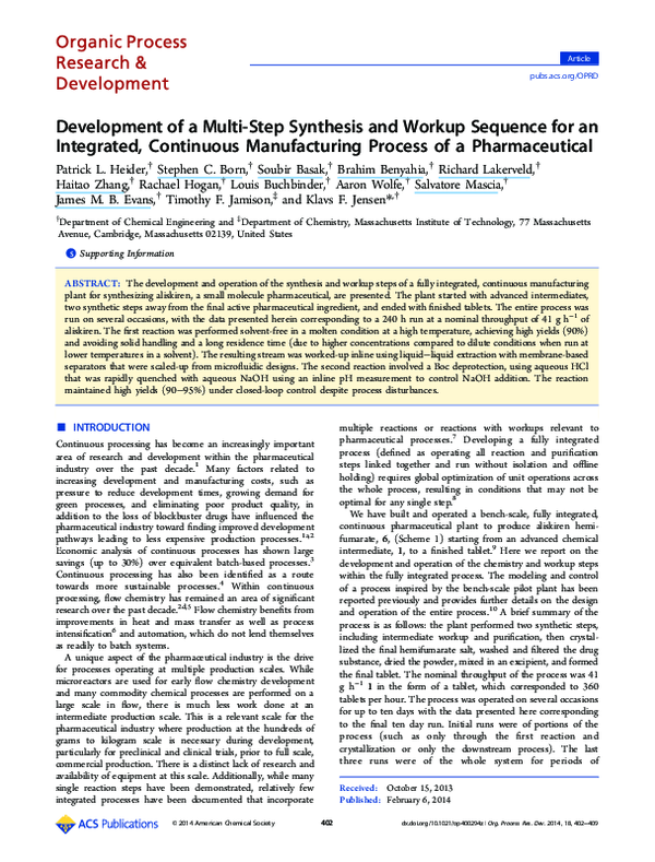 Pdf Development Of A Multi Step Synthesis And Workup Sequence For An Integrated Continuous
