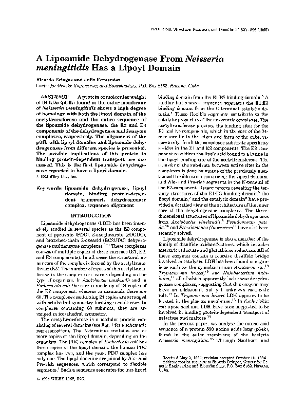 (PDF) A lipoamide dehydrogenase fromNeisseria meningitidis has a lipoyl ...