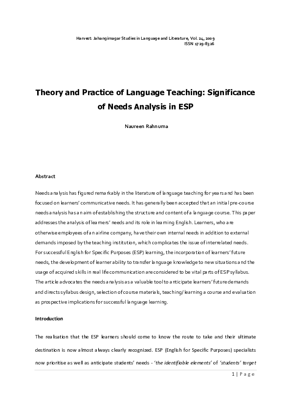 (PDF) Theory and Practice of Language Teaching: Significance of Needs ...
