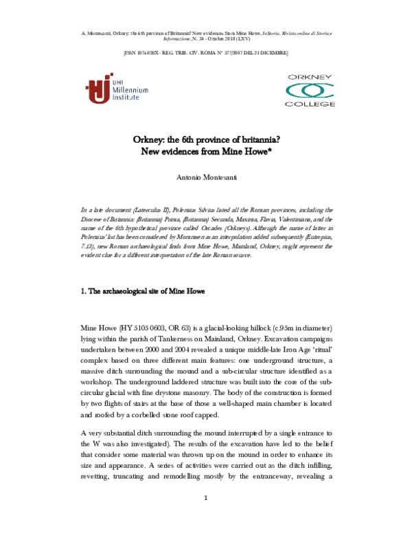 (PDF) Orkney: the 6th province of Britannia? New evidences from Mine Howe