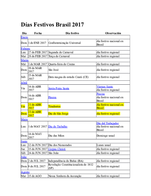 (DOC) Días Festivos Brasil 2017
