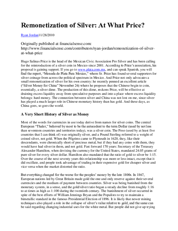 (DOC) Remonetization of Silver: At What Price