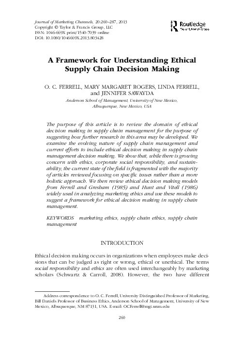 (PDF) A Framework for Understanding Ethical Supply Chain Decision Making