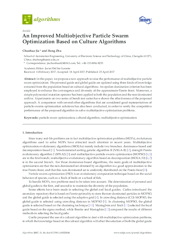 Pdf Enhanced Multiobjective Pso Via Cultural Algorithms 