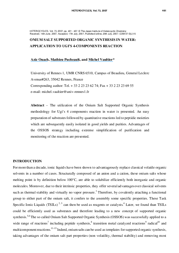 (PDF) Onium Salt Supported Organic Synthesis in Water: Application to ...