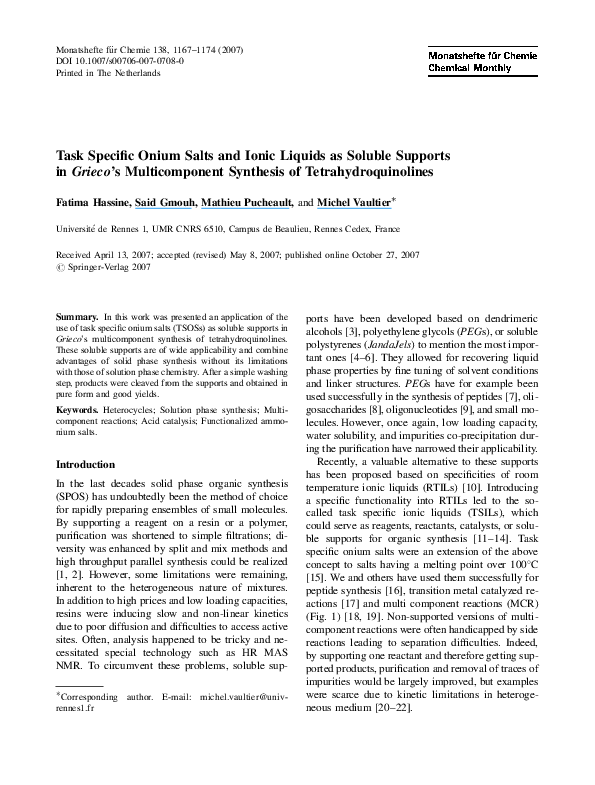 (PDF) Task Specific Onium Salts and Ionic Liquids as Soluble Supports in Grieco’s Multicomponent ...