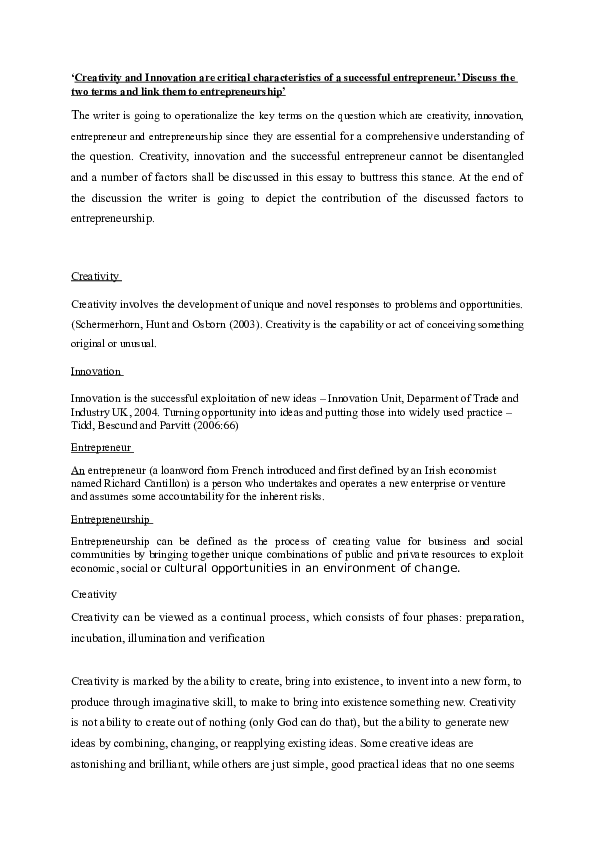 (DOC) 'Creativity and Innovation are critical characteristics of a ...