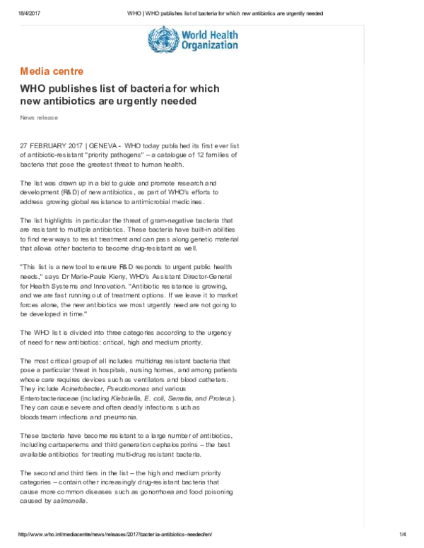 (PDF) WHO WHO publishes list of bacteria for which new antibiotics are ...