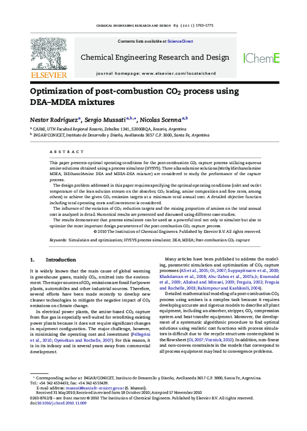 (PDF) Optimization of post-combustion CO2 process using DEA–MDEA mixtures