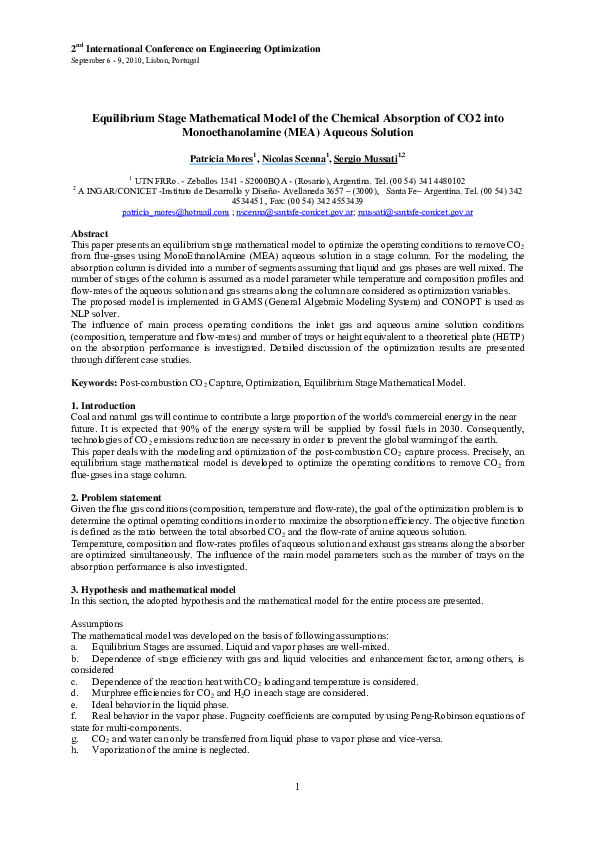 (PDF) Equilibrium Stage Mathematical Model of the Chemical Absorption ...
