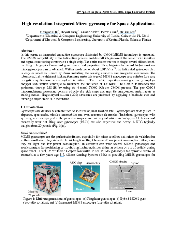 (PDF) High-resolution Integrated Micro-gyroscope for Space Applications