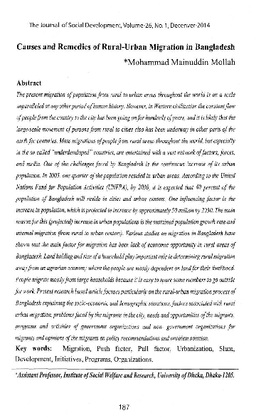 (PDF) Causes and Remedies of Rural-Urban Migration in Bangladesh