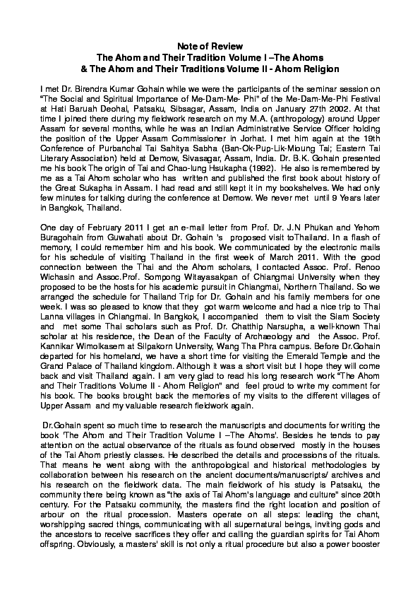 (PDF) Note of Review The Ahom and Their Tradition Volume I –The Ahoms ...