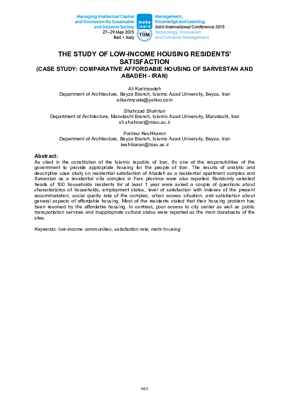 (PDF) THE STUDY OF LOW-INCOME HOUSING RESIDENTS' SATISFACTION (CASE ...