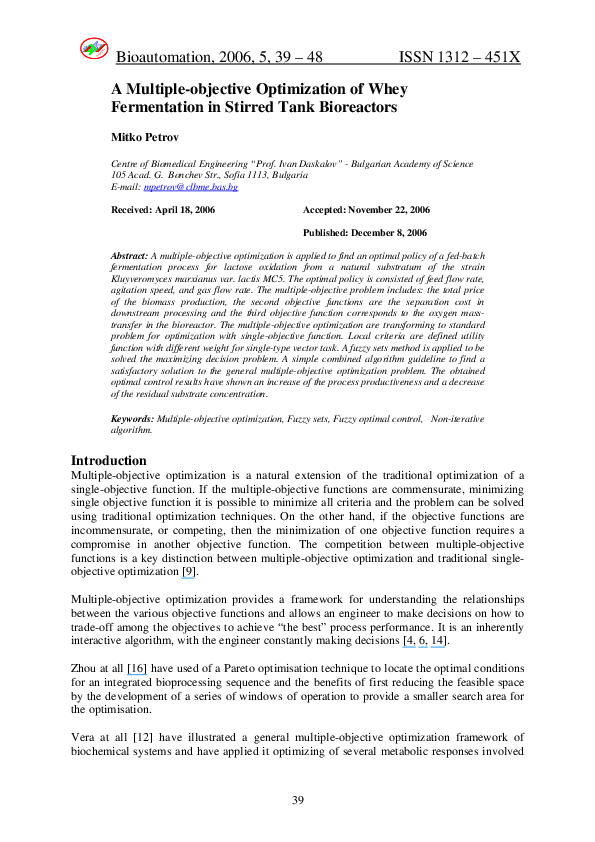 (PDF) A Multiple-objective Optimization of Whey Fermentation in Stirred Tank Bioreactors | Mitko ...
