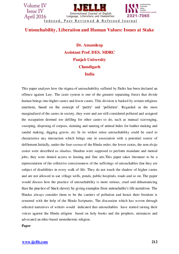 (PDF) Untouchability, Liberation and Human Values: Issues at Stake