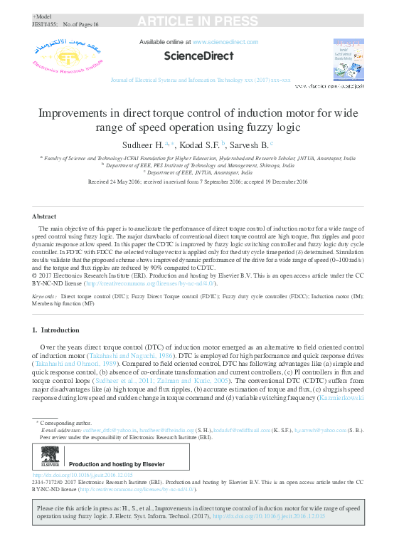 Pdf Improvements In Direct Torque Control Of Induction Motor For Wide