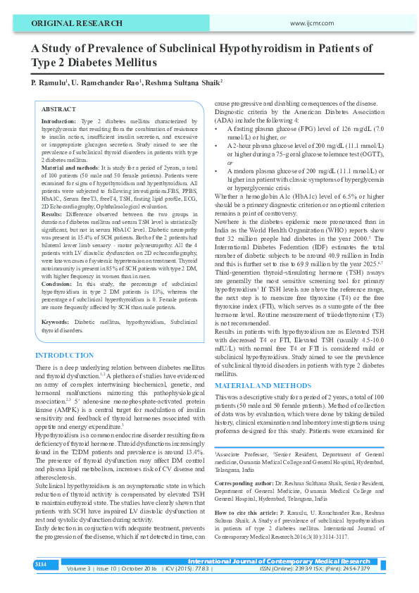 (PDF) A Study of Prevalence of Subclinical Hypothyroidism in Patients ...