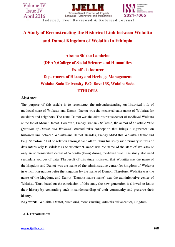 (PDF) A Study of Reconstructing the Historical Link between Wolaitta ...