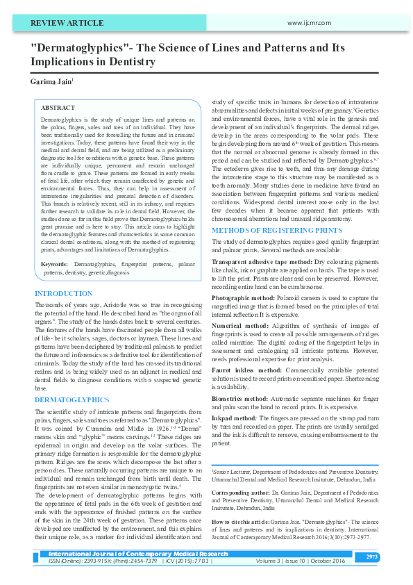 Pdf Dermatoglyphics The Science Of Lines And Patterns And Its