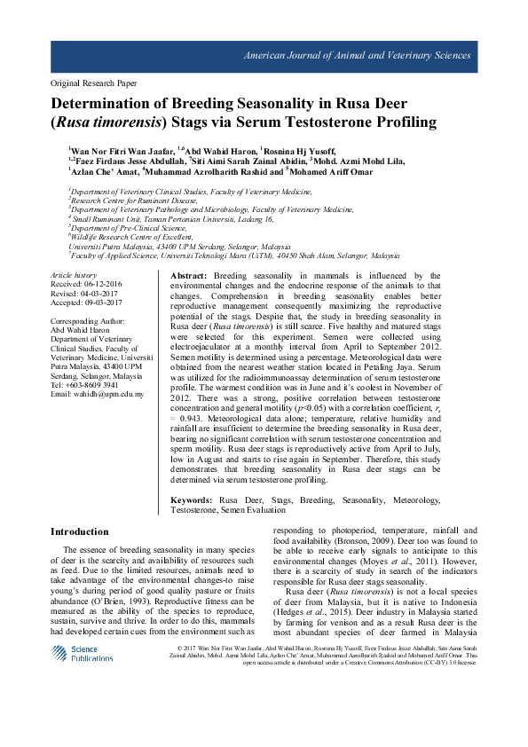 (PDF) Determination of Breeding Seasonality in Rusa Deer (Rusa ...
